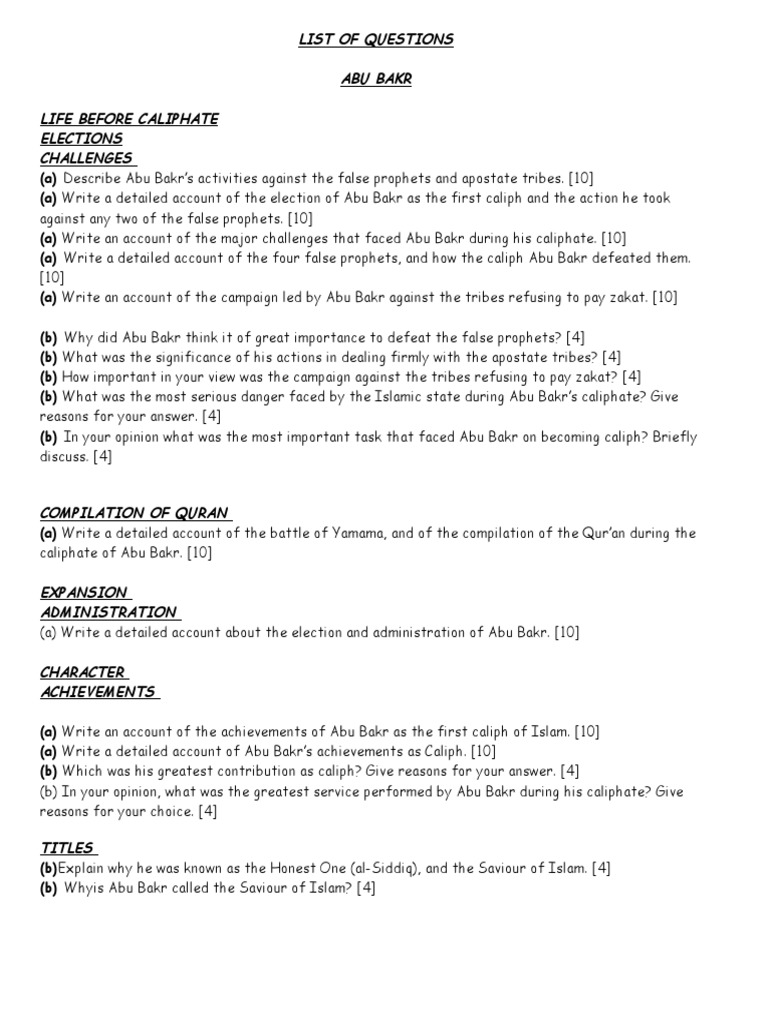 LIST OF QUESTIONS Rightly Guided Caliphs | PDF | Ali | Caliphate