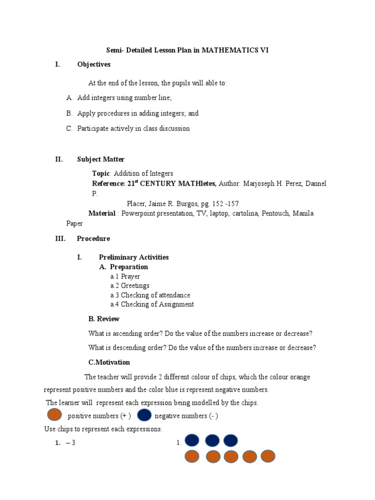 Sample Cot Lesson Plan: Adding Integers | PDF | Numbers | Mathematics