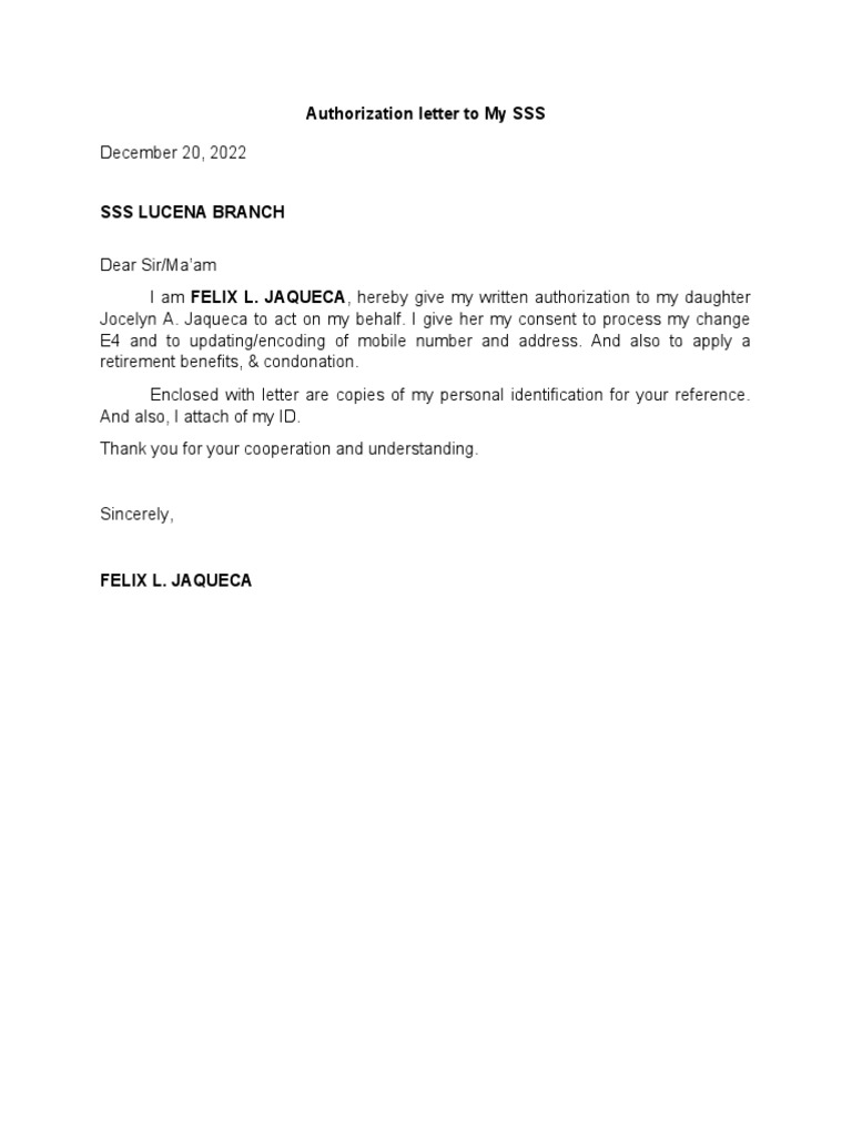 Authorization Letter for SSS Transactions | PDF