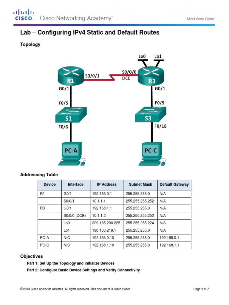 6225 Lab Configuring Ipv4 Static And Default Routes Pdf Ip Address Router Computing