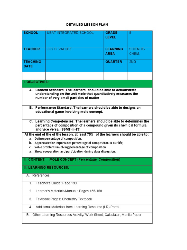Chemistry Lesson Plan: Mole Concept | PDF | Teachers | Learning