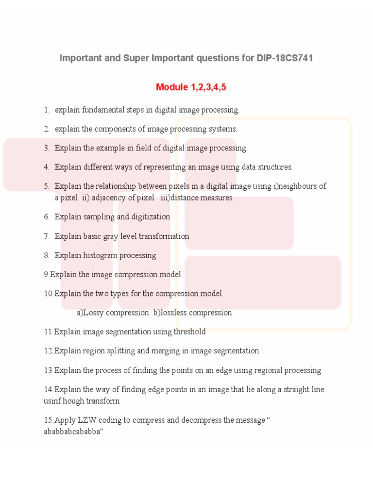 Important and Super Important Questions For DIP-18CS741 | PDF