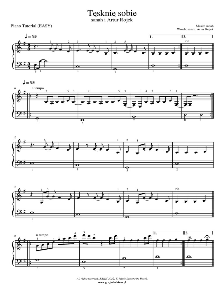 Tesknie Sobie Sanah Artur Rojek Piano Tutorial EASY 00321 | PDF ...