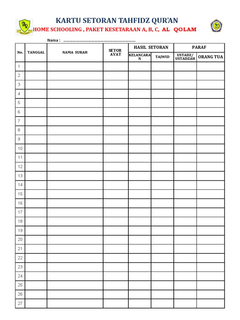 KARTU SETORAN TAHFIDZ Ok | PDF