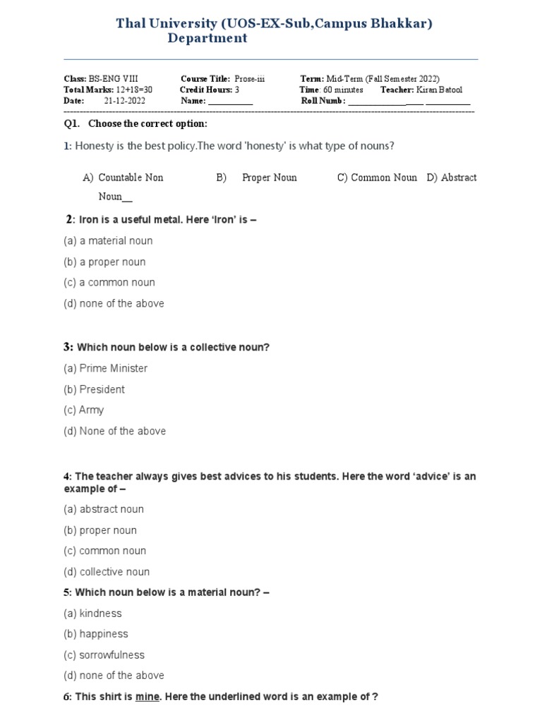 Thal University (UOS-EX-Sub, Campus Bhakkar) Department: Q1. Choose The ...