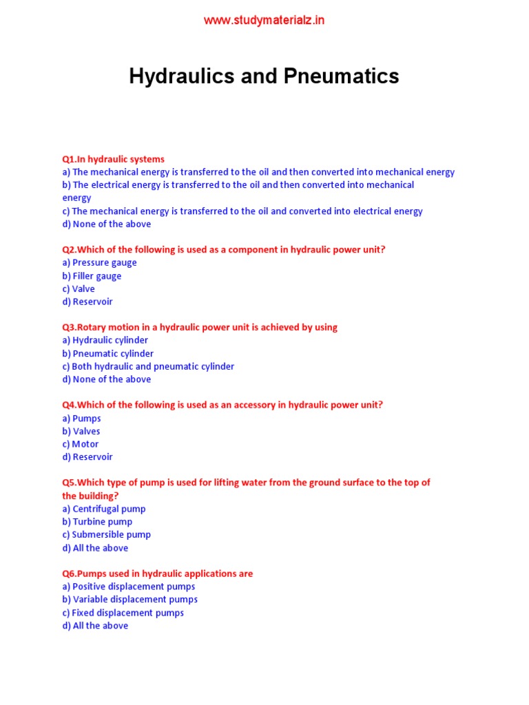 ME8694 Hydraulics and Pneumatics MCQ | PDF | Pump | Valve