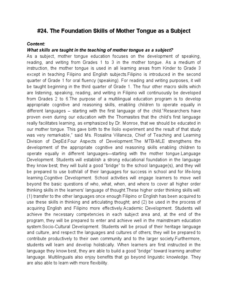 The Foundation Skills of Mother Tongue As A Subject | PDF | Foreign ...