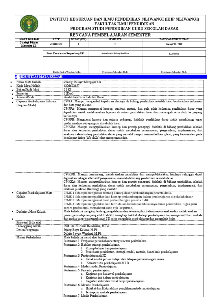 Rps Strategi Pembelajaran Di SD | PDF