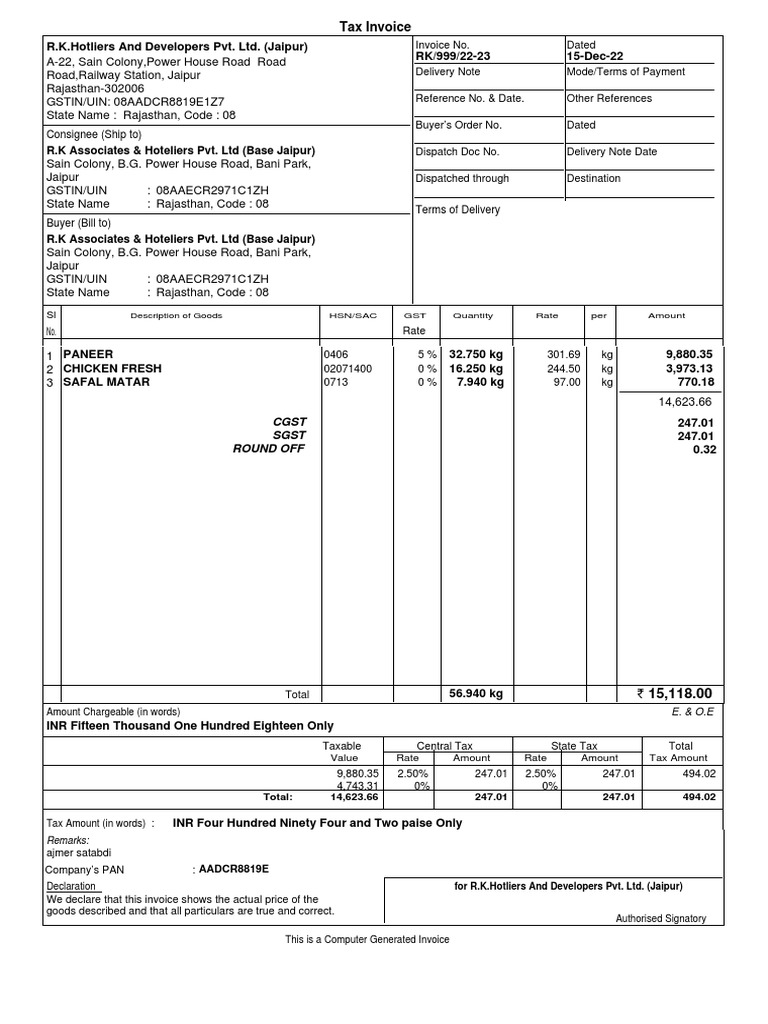PANEER CHICKEN - Merged (AJMER SATABDI 15.12.22) | PDF | Receipt | Invoice