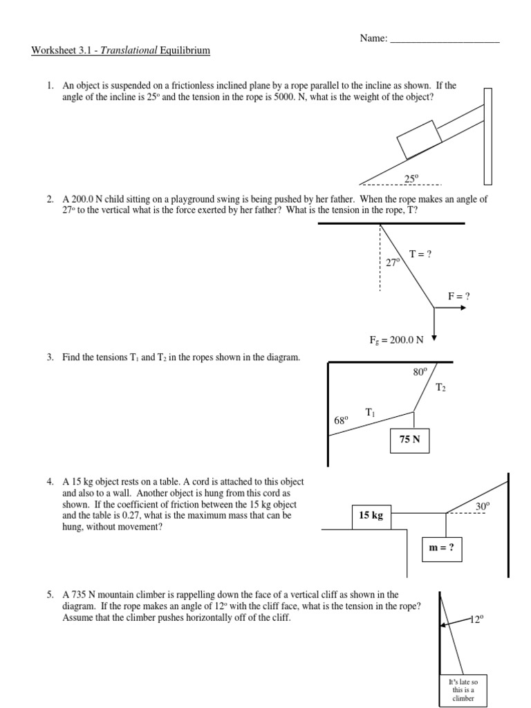 Name: - Worksheet 3.1 - Translational Equilibrium | PDF | Tension ...