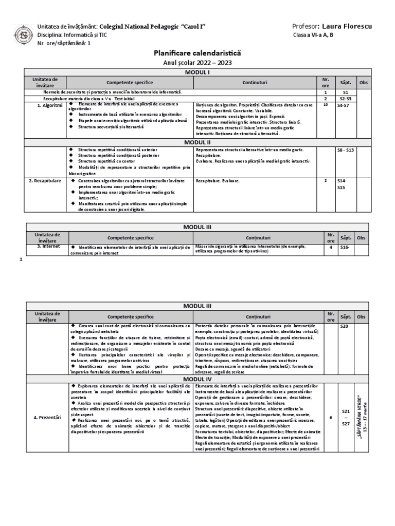 VI - Planificare - Calendaristica - INFO | PDF