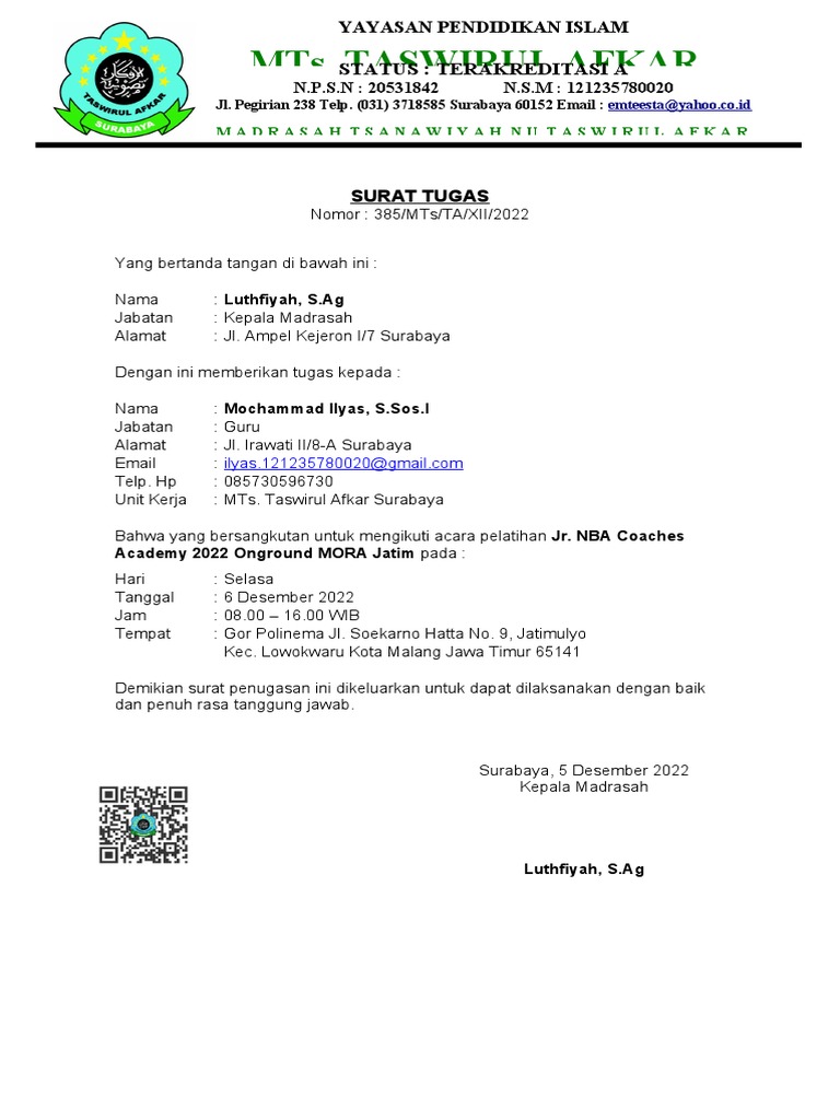Surat Tugas Pelatihan Jr. NBA 2022 | PDF