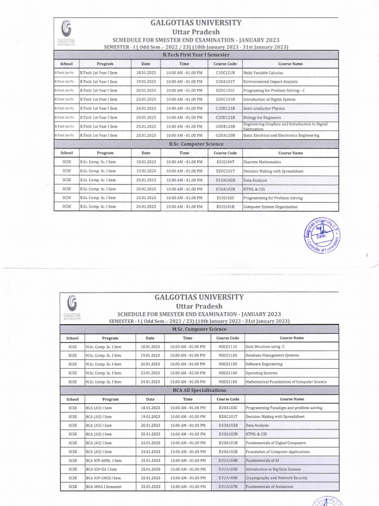 Datesheet - Semester End Examination (First Semester) - January 2023 ...