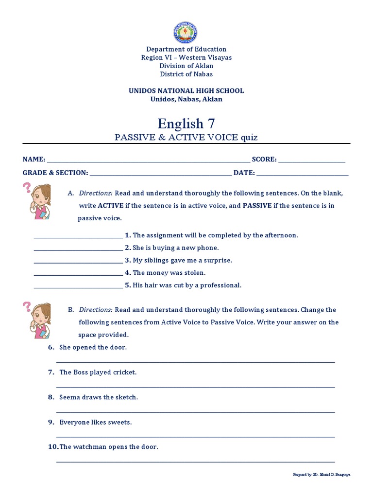 English 7: Active vs. Passive Voice Quiz | PDF