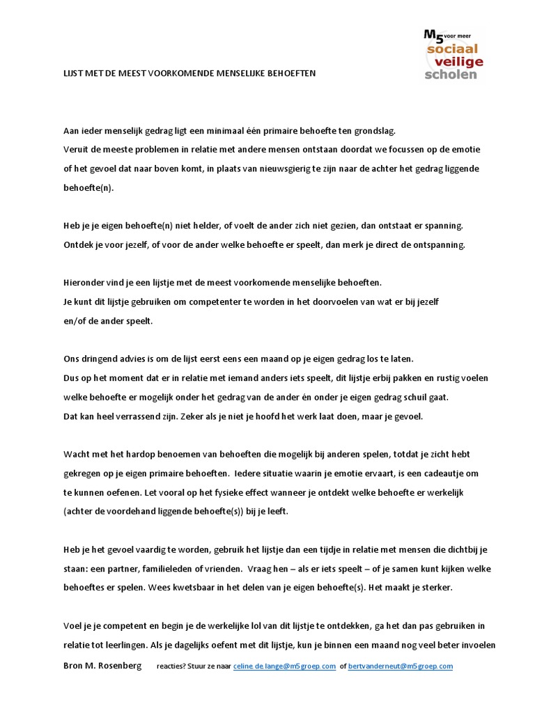 Lijst Met de Meest Voorkomende Menselijke Behoeften | PDF