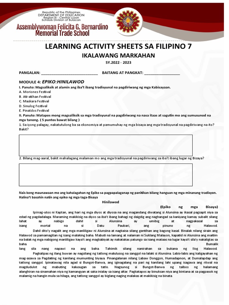 Learning Activity Sheets Sa Filipino 7: Ikalawang Markahan | PDF