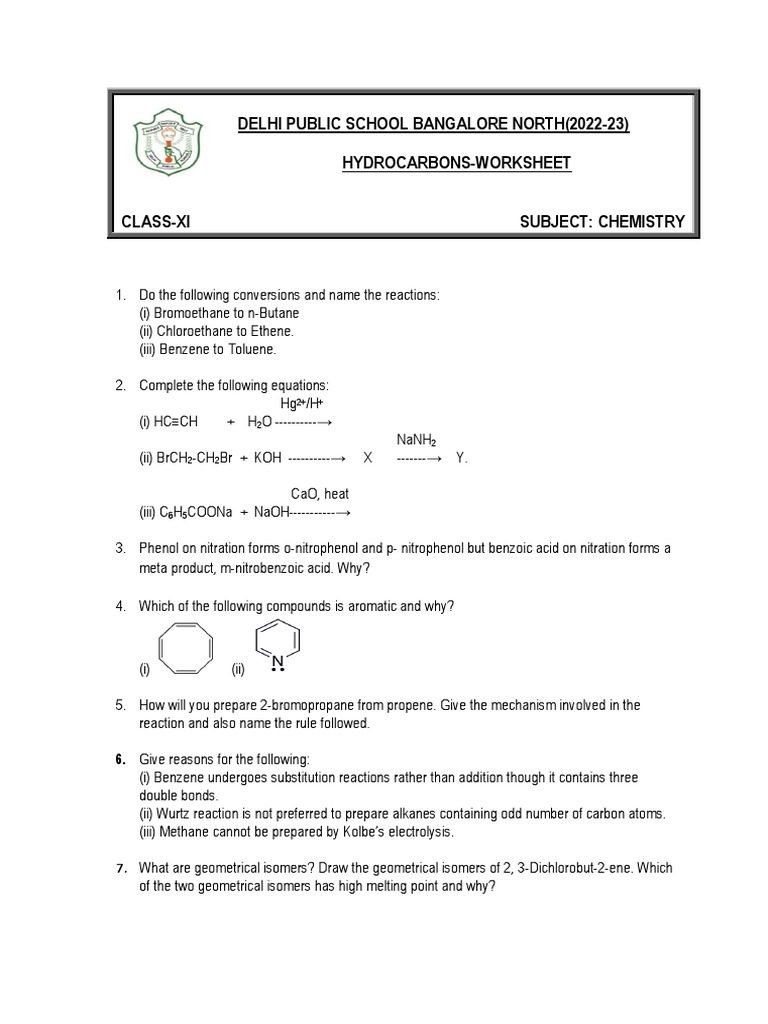 Class XI Chemistry Hydrocarbons Worksheet | PDF | Chemical Reactions ...