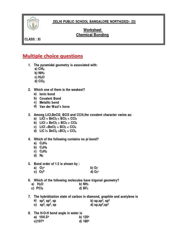 Multiple Choice Questions: Worksheet Chemical Bonding | PDF | Chemical ...