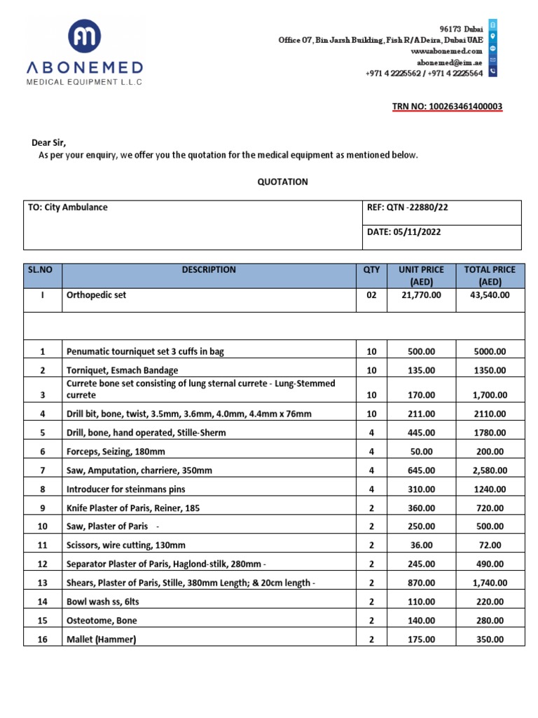 Quotation for Medical Equipment and Surgical Instrumental Sets Provided ...