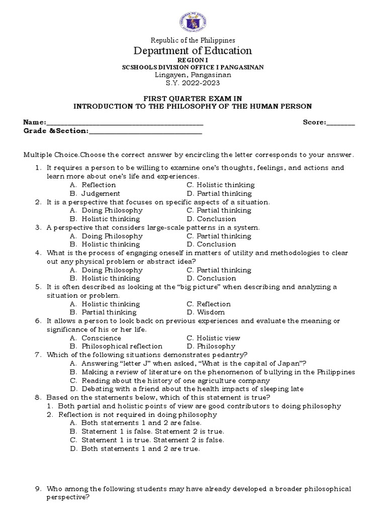 Philosophy 1st Quarter Exam | PDF | Thought | Truth
