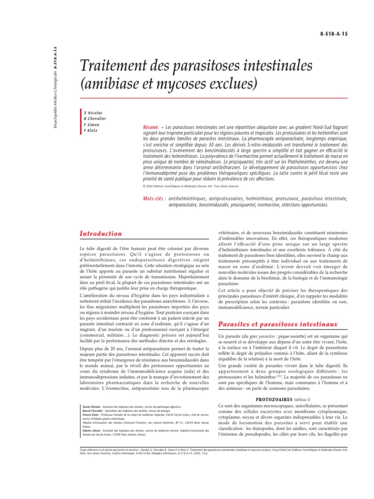 Traitement Des Parasitoses Intestinales | PDF | Parasitisme | Médecine ...