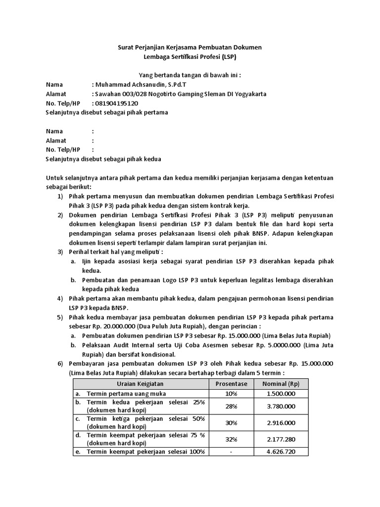 Surat - Perjanjian - Sederhana LSP | PDF