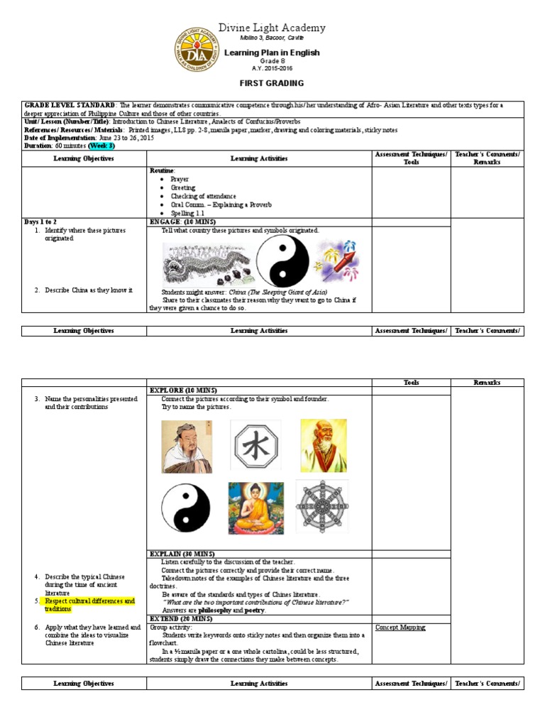 Grade 8 English Learning Plan: Chinese Literature | PDF | Confucius ...