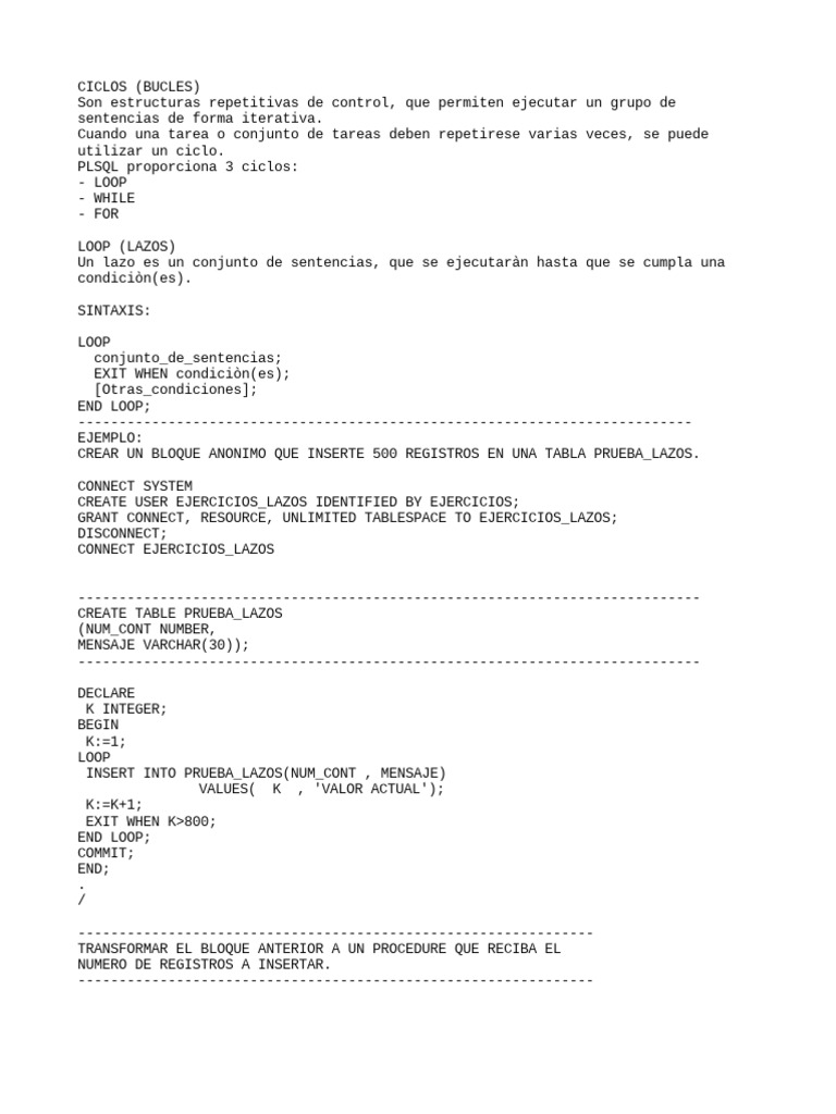 Ciclos en PLSQL: Estructuras y Ejemplos | PDF | Bases de datos | Datos de computadora