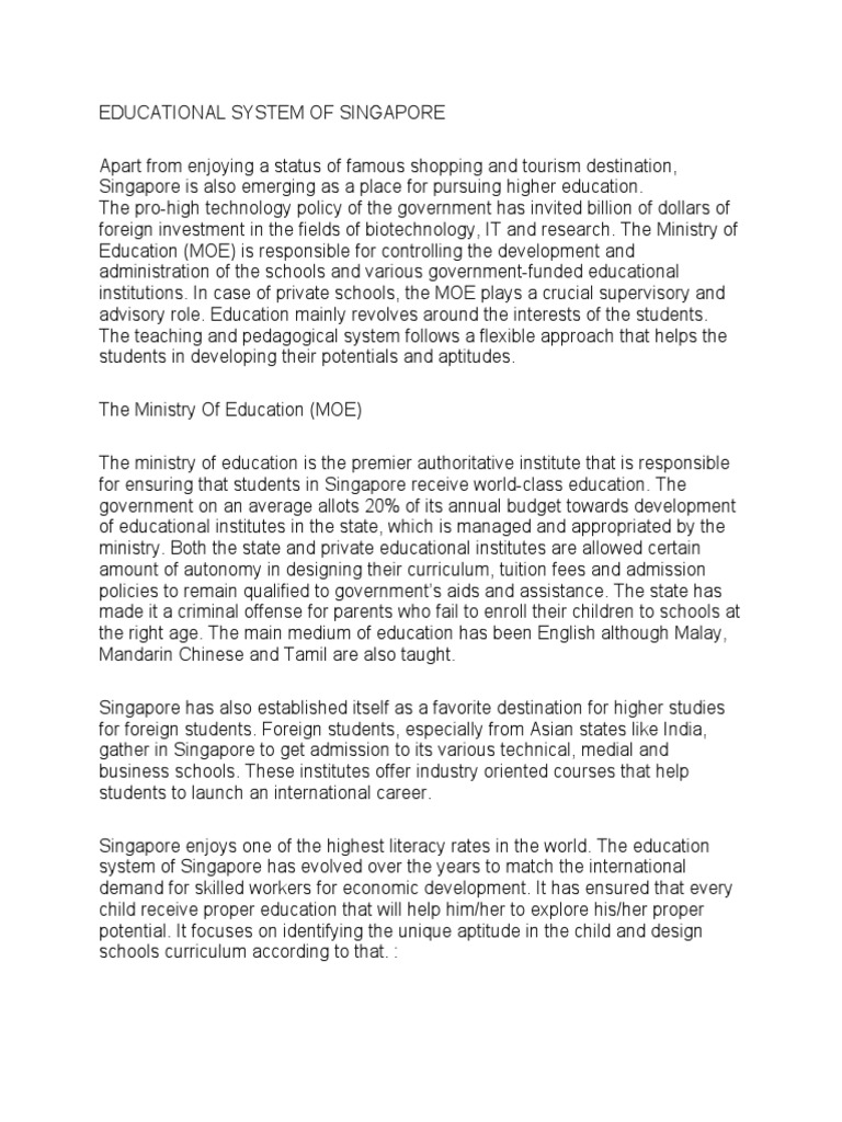Educational System of Singapore | PDF