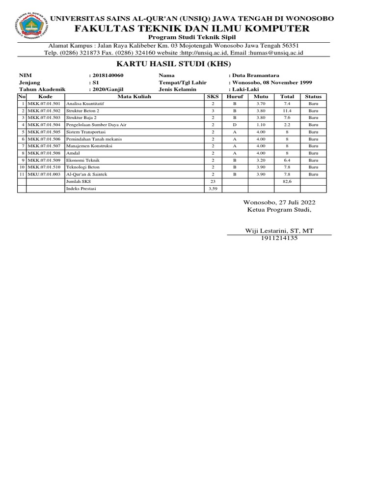 Fakultas Teknik Dan Ilmu Komputer: Kartu Hasil Studi (KHS) | PDF