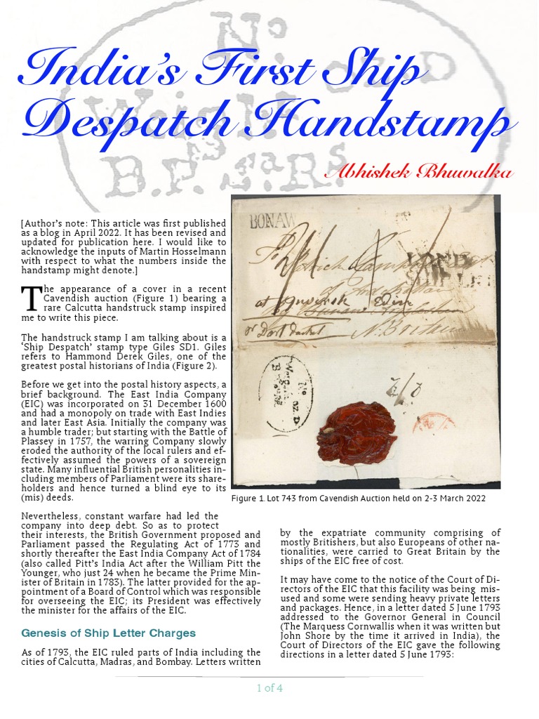 India's First Ship Despatch Handstamp | PDF | Mail | Postage Stamp
