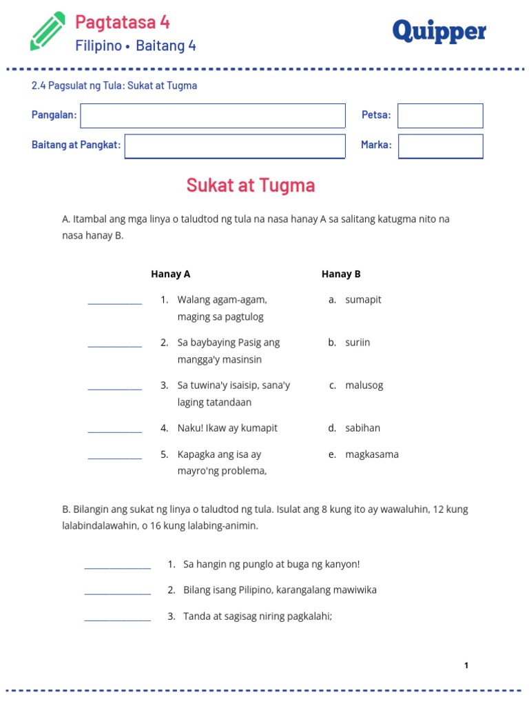 ME Fil 4 Q1 0204 - Worksheets - Pagsulat NG Tula - Sukat at Tugma | PDF