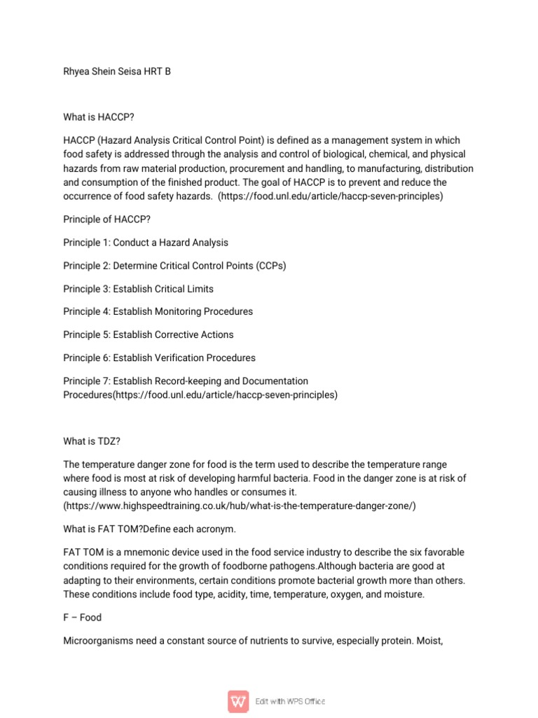 HACCP ACTIVITY Rhyea Shein Seisa - WPS Office | PDF | Foods | Hazard Analysis And Critical ...