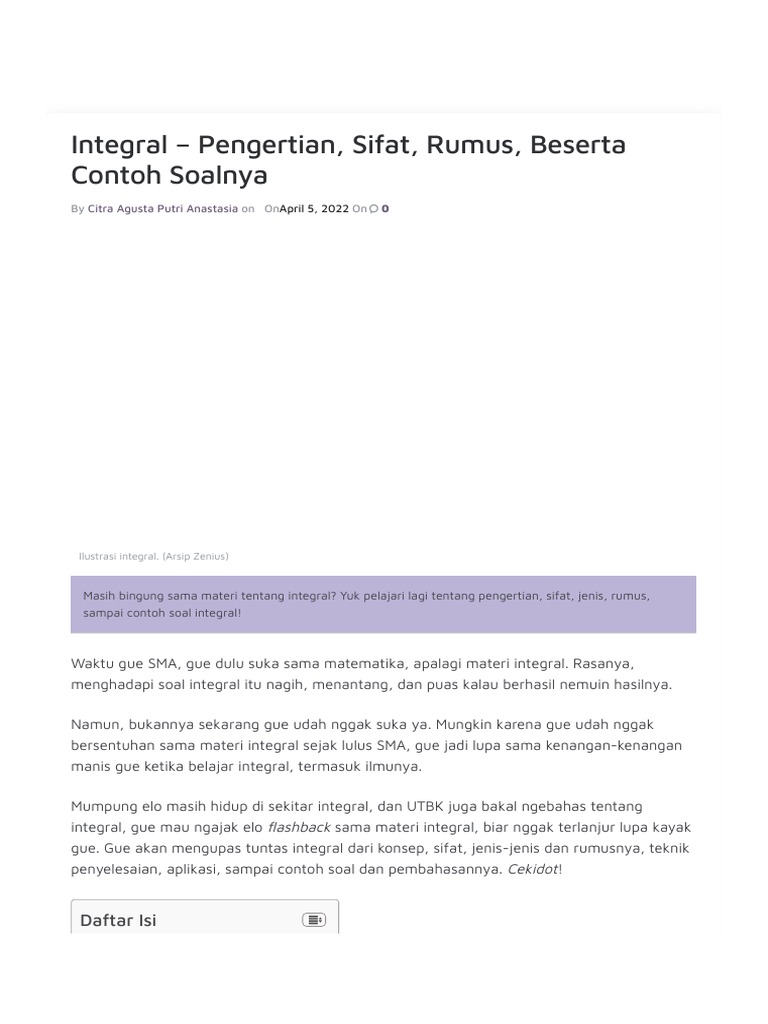 Integral - Pengertian, Sifat, Rumus, Beserta Contoh Soalnya | PDF