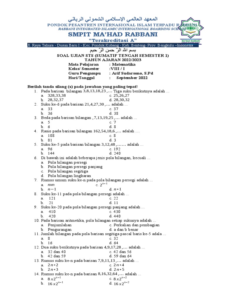 Soal STS1 Kelas 8 Ust Arif | PDF