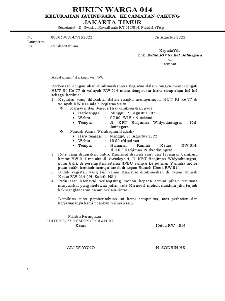 Surat Pemberitahuan Lurah RT Hut Ri 77 | PDF