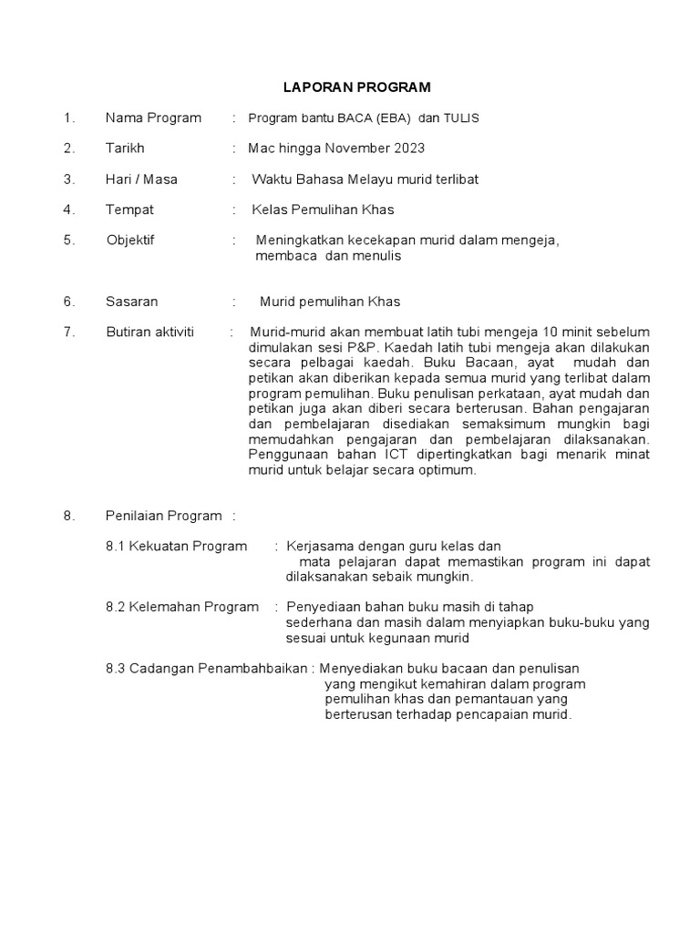 Laporan Program Baca & Tulis | PDF