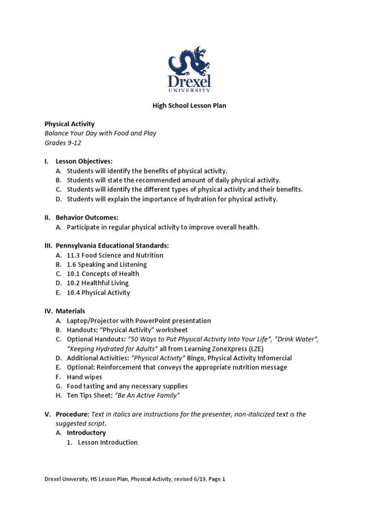 DRX HS Physical Activity Lesson Plan Revised 6 2019 | PDF | Strength ... DRX HS Physical Activity Lesson Plan Revised 6 2019 | PDF | Strength ...