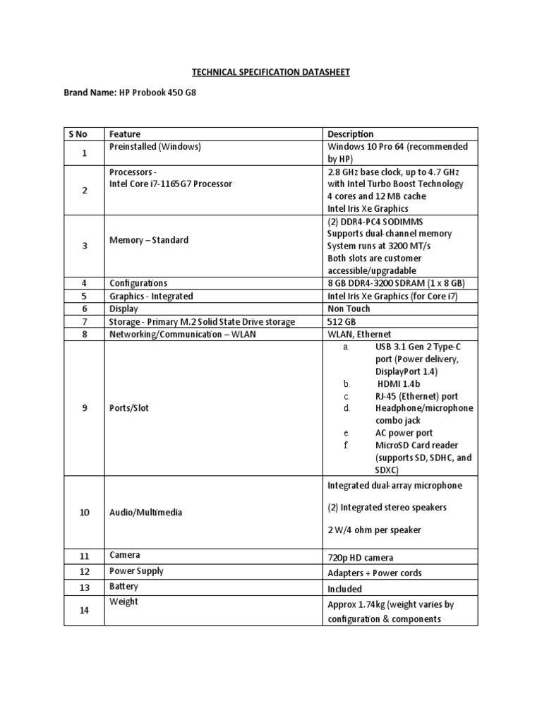 HP Probook 450 G8 Technical Specs | PDF