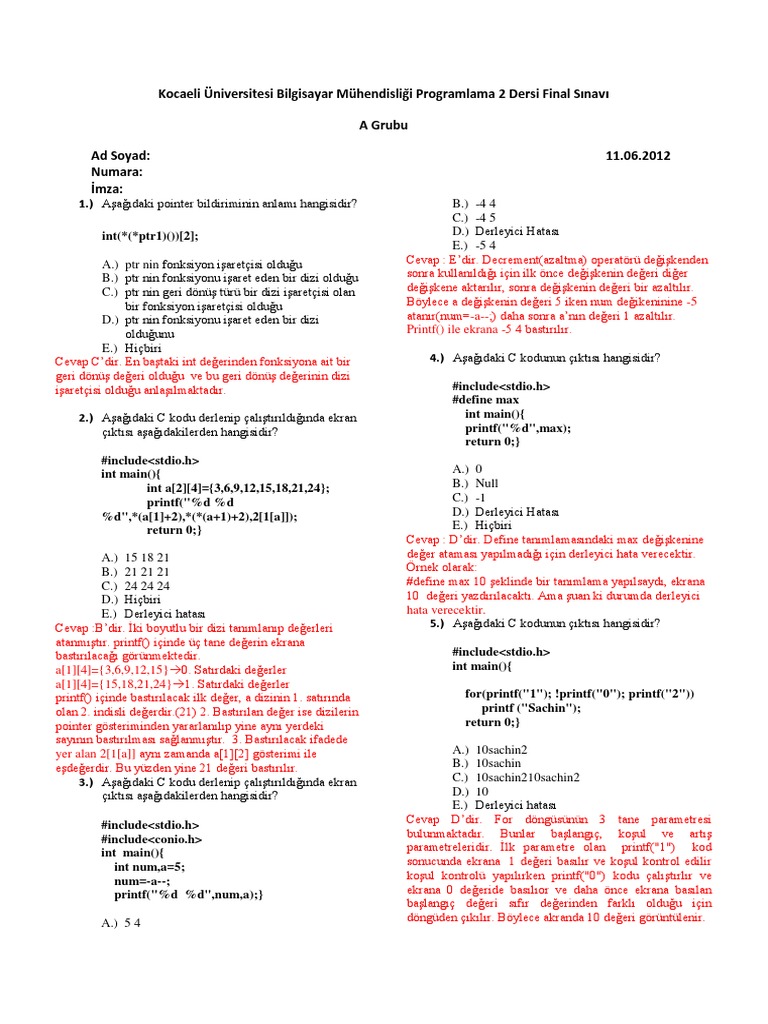 Bilgisayar Mühendisliği Programlama 2 Dersi Final Sınavı 1 | PDF