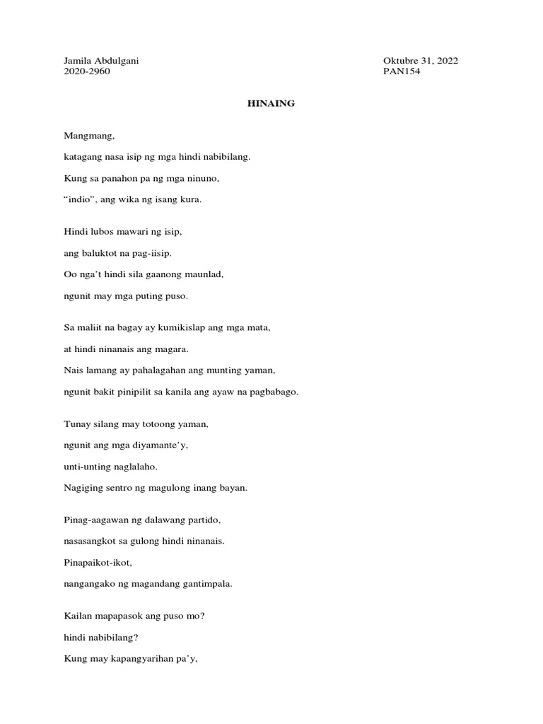 "Hinaing" Tula Ni Jamila Abdulgani | PDF