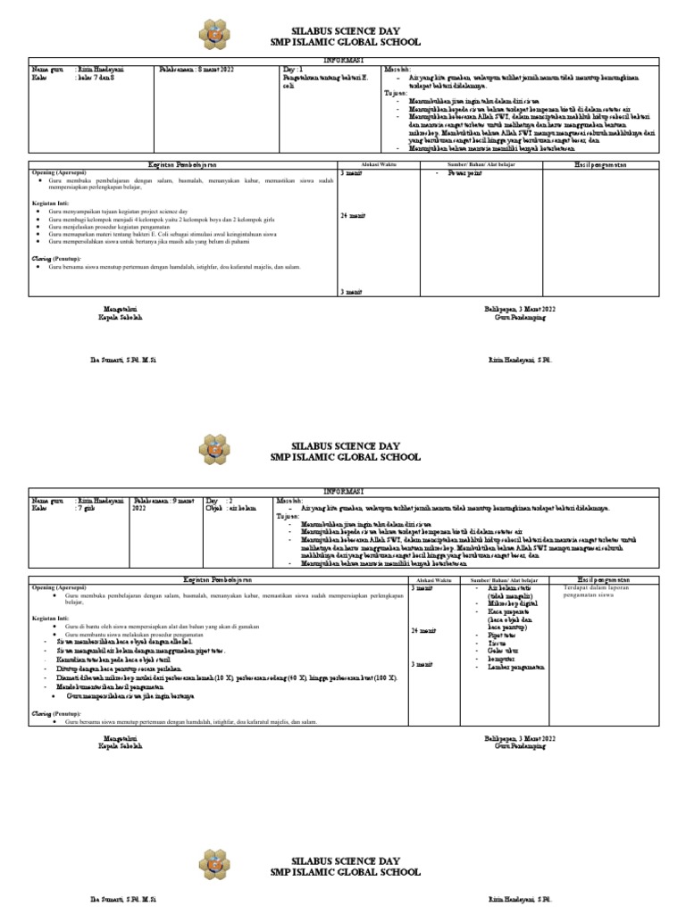 Silabus Science Day (1 Pengamatan E. Coli Dalam Air) | PDF