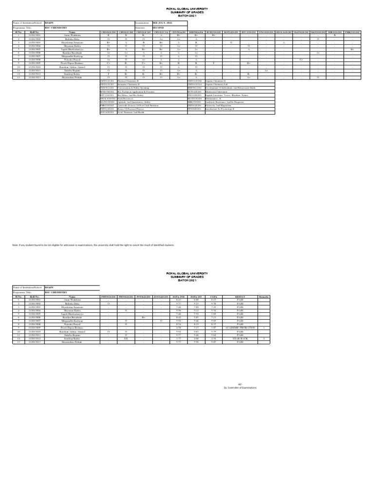 BSc Chemistry Grades Summary 2021 | PDF