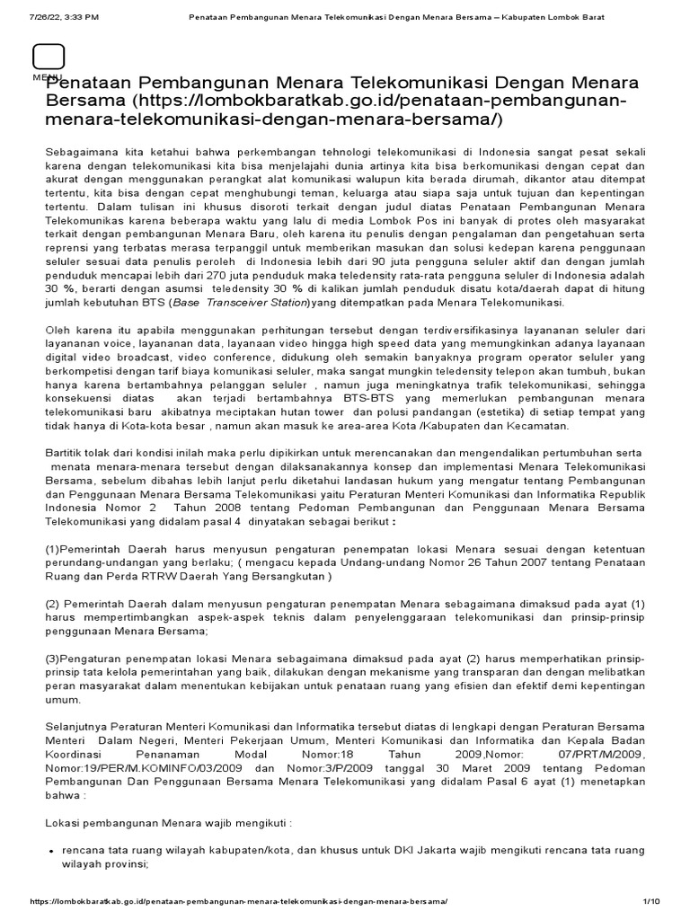PDF - Penataan Pembangunan Menara Telekomunikasi Dengan Menara Bersama - Kabupaten Lombok Barat ...