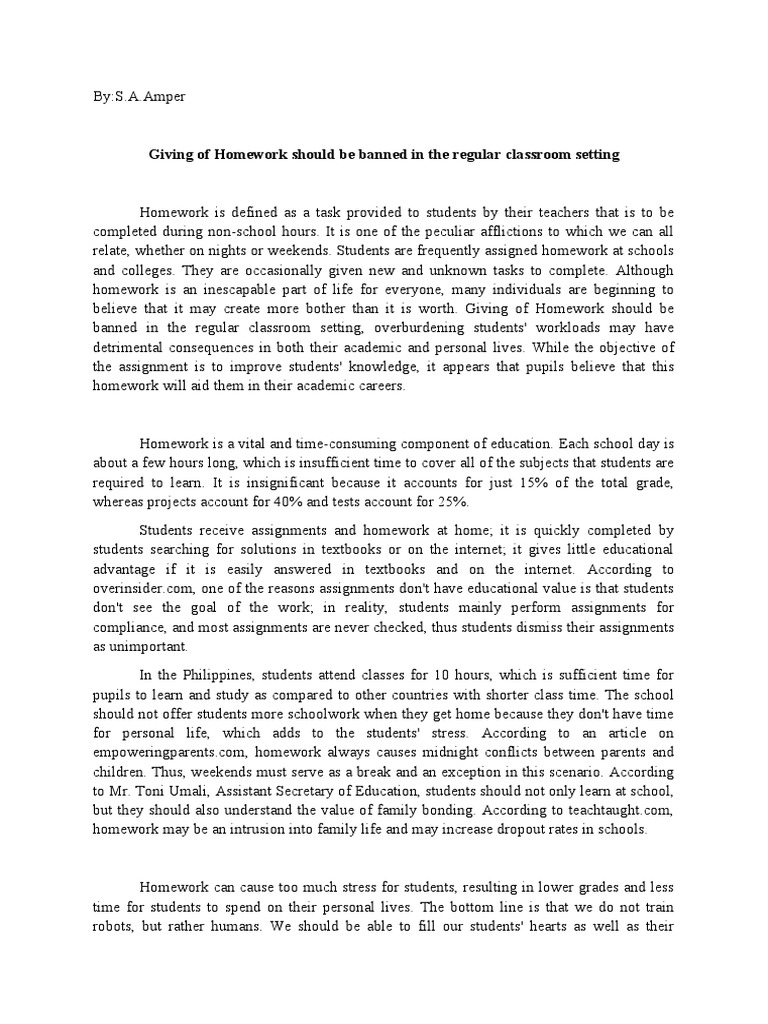 Position Paper-Assignments Should Be Banned By: SAA | PDF | Homework ...