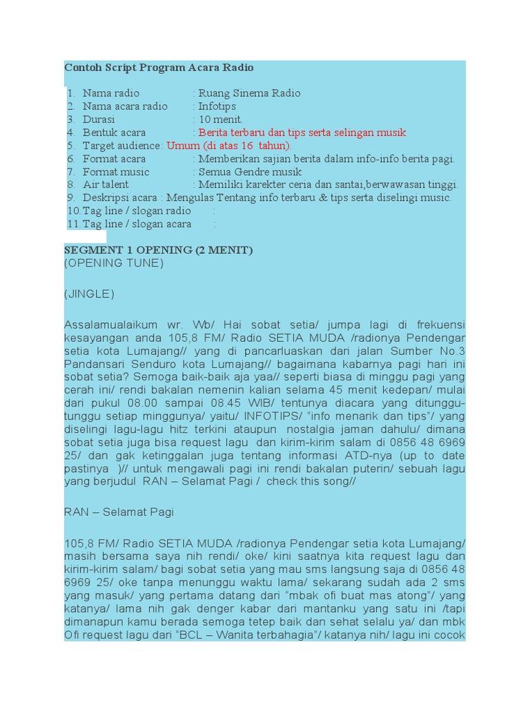 Contoh Script Program Acara Radio | PDF