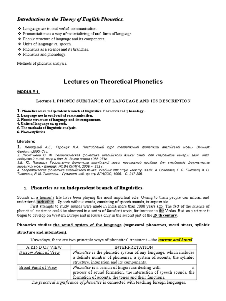 Lecture 1 Introduction To The Theory of English Phonetics Office | PDF ...