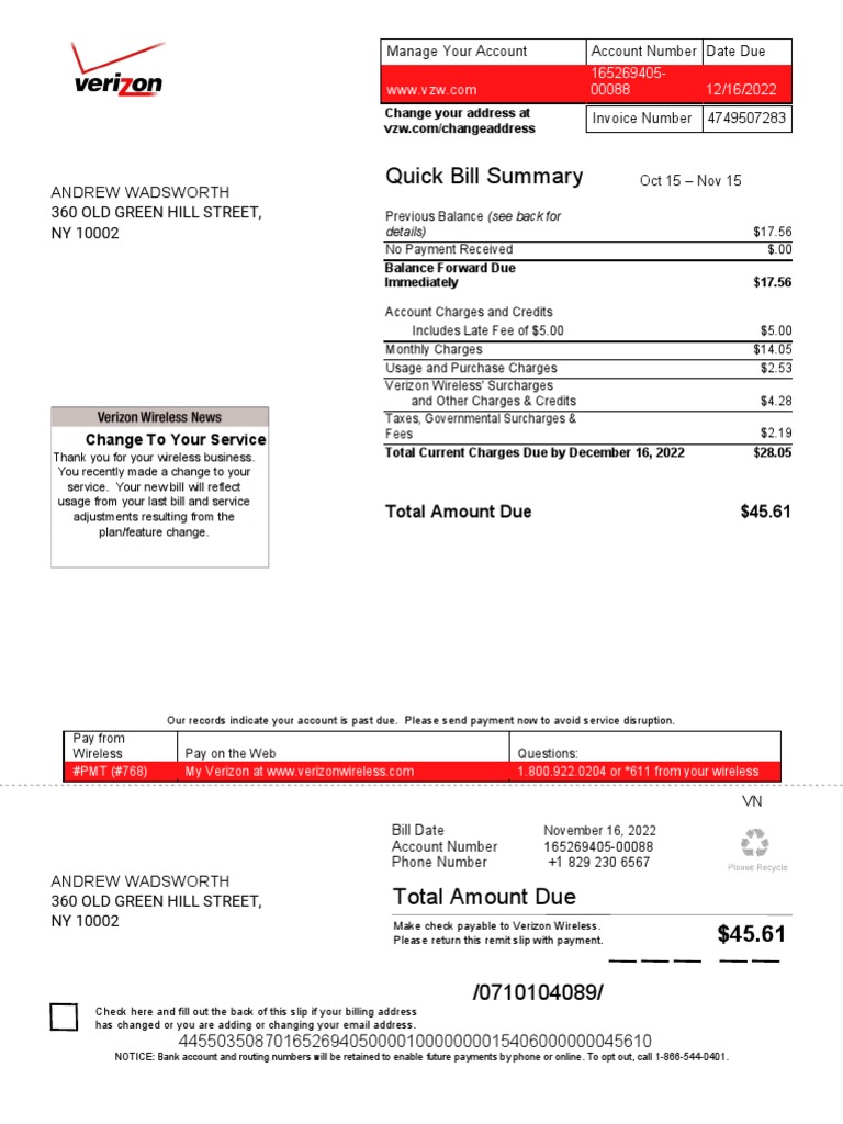 Quick Bill Summary: Andrew Wadsworth 360 Old Green Hill Street, NY 10002 | PDF | Fee | Payments