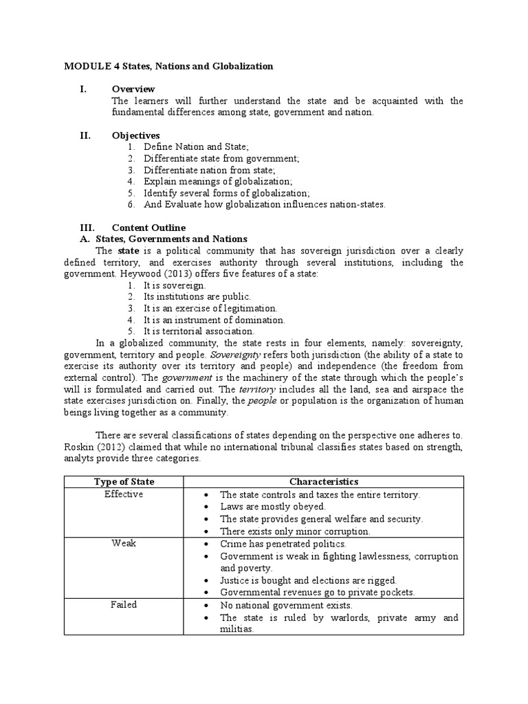 MODULE 4 States. Nations and Globalization | PDF | State (Polity ...
