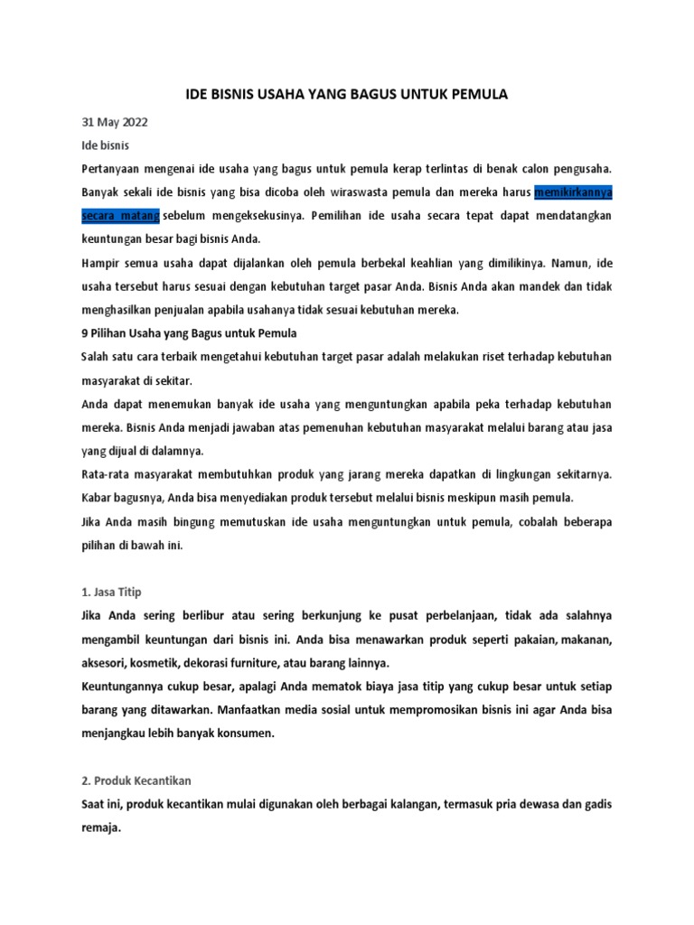 Ide Bisnis Usaha Yang Bagus Untuk Pemula | PDF
